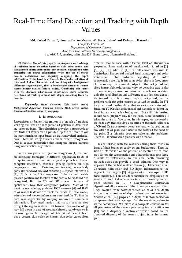 Pdf Real Time Hand Detection And Tracking With Depth Values