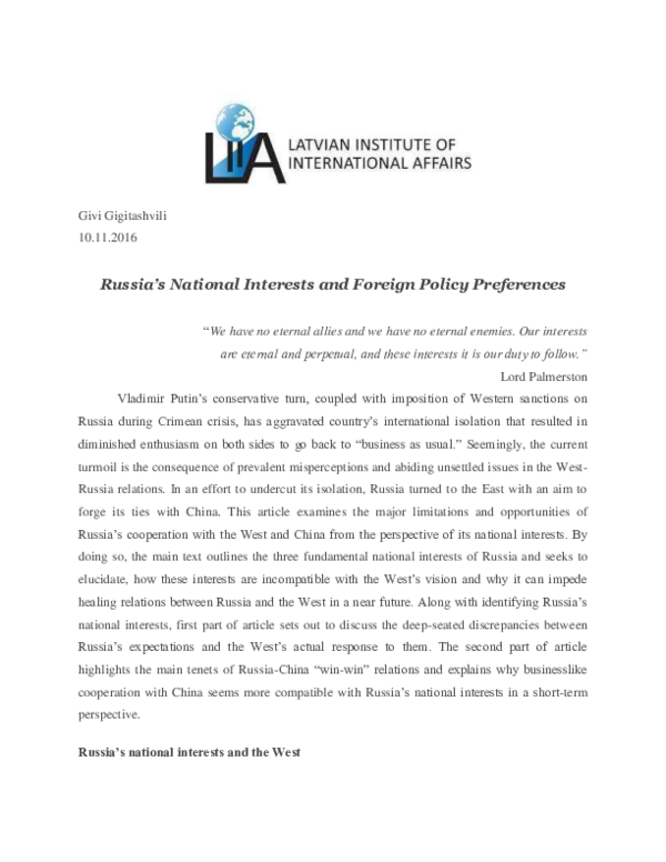 (PDF) Russia’s National Interests and Foreign Policy Preferences