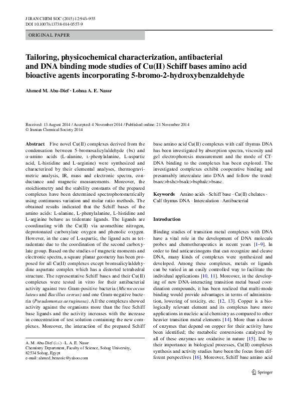 (PDF) Tailoring, physicochemical characterization, antibacterial and DNA binding mode studies of ...