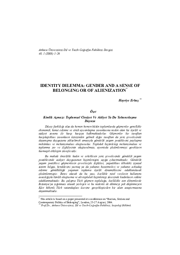 (PDF) IDENTITY DILEMMA: GENDER AND A SENSE OF BELONGING OR OF ALIENIZATION