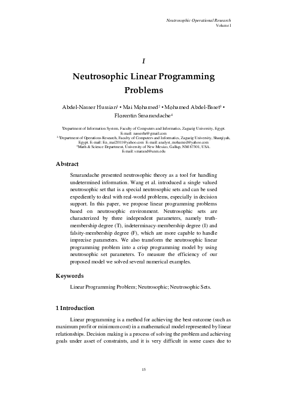 Pdf Neutrosophic Linear Programming Problems Florentin Smarandache Mai Mohamed And Abdel