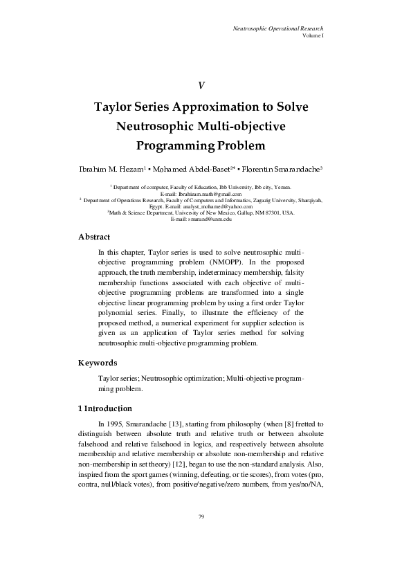 (PDF) Taylor Series Approximation to Solve Neutrosophic Multi-objective Programming Problem
