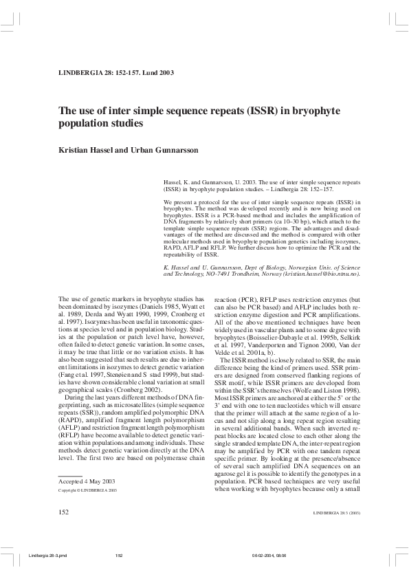 Pdf The Use Of Inter Simple Sequence Repeats Issr In Bryophyte