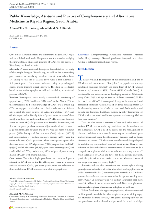 (PDF) Public knowledge, attitude and practice of complementary and alternative medicine in ...
