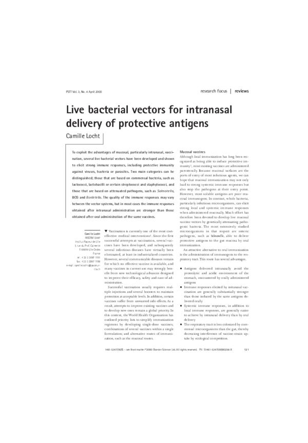 (PDF) Live bacterial vectors for intranasal delivery of protective ...