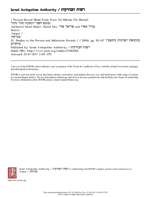 (PDF) Persian-Period Metal finds from Tel Michal