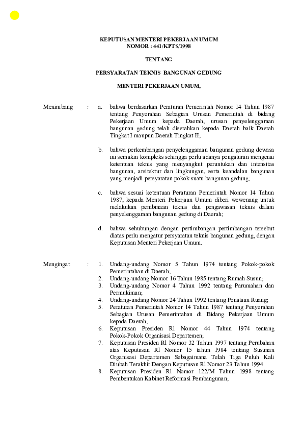 (PDF) KEPUTUSAN MENTERI PEKERJAAN UMUM NOMOR 441 KPTS 1998 TENTANG PERSYARATAN TEKNIS BANGUNAN ...