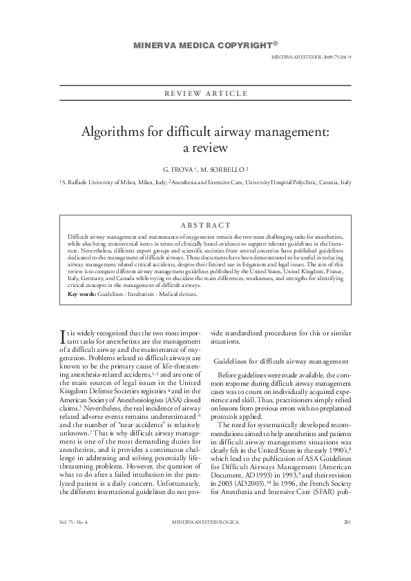 (PDF) Algorithms for difficult airway management: a review