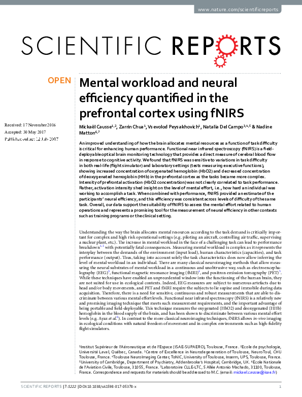 (PDF) Mental workload and neural efficiency quantified in the prefrontal cortex using fNIRS OPEN