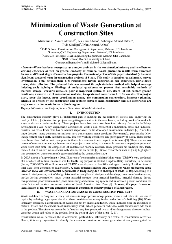 (PDF) Minimization of Waste Generation at Construction Sites
