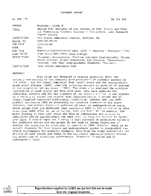 (PDF) Beyond FYA: Analysis of the Utility of LSAT Scores and UGPA for ...