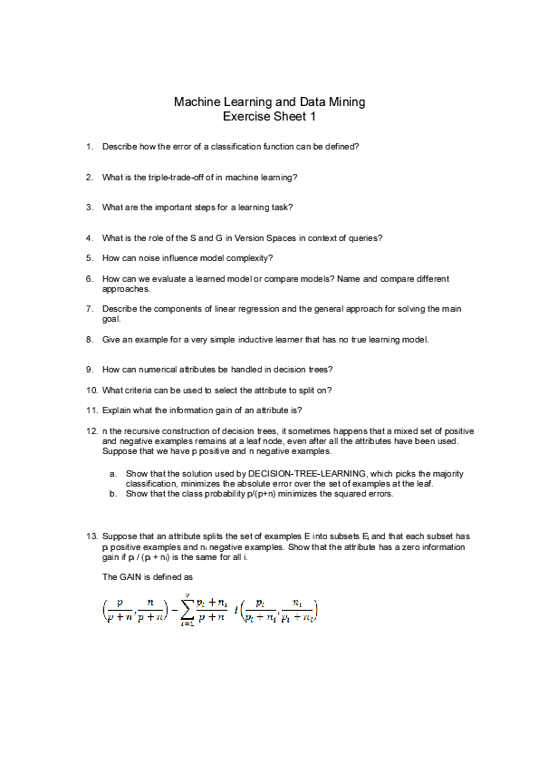 (PDF) Machine Learning and Data Mining Exercise Sheet 1