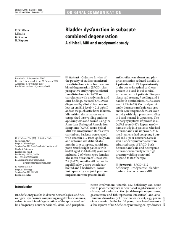(PDF) Bladder dysfunction in subacute combined degeneration