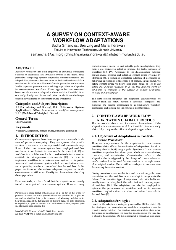 Pdf A Survey On Context Aware Workflow Adaptations