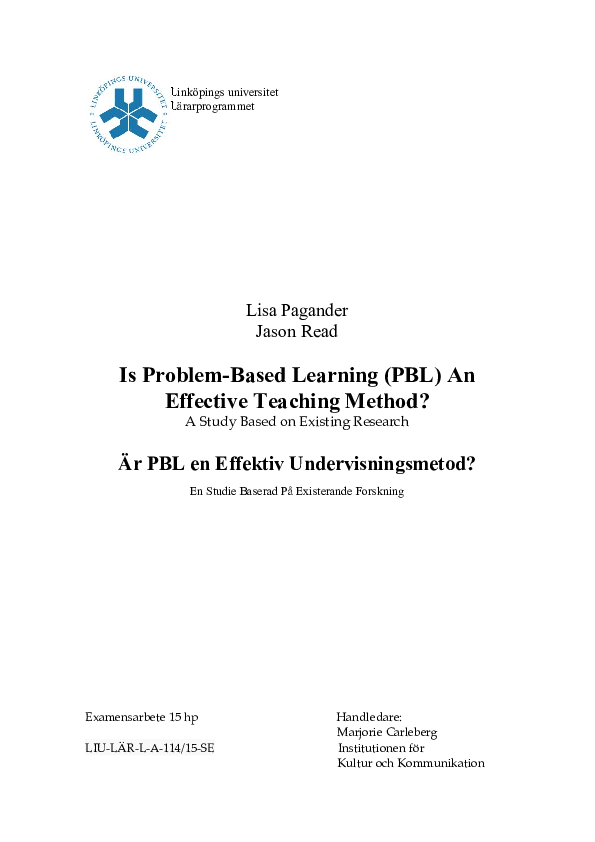 (PDF) Linköpings universitet Lärarprogrammet Is Problem-Based Learning (PBL) An Effective ...