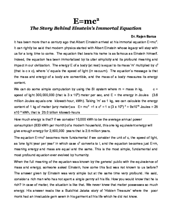 (DOC) E=mc 2 The Story Behind Einstein's Immortal Equation