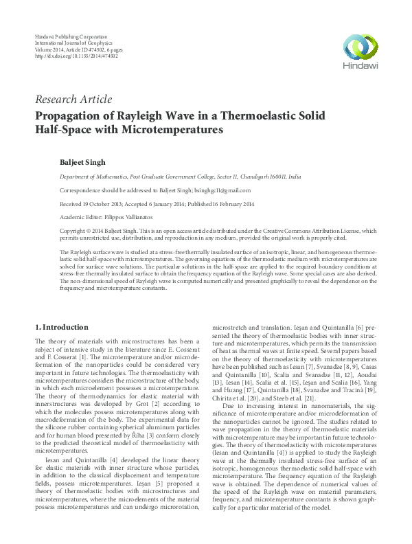 (PDF) Propagation of Rayleigh Wave in a Thermoelastic Solid Half-Space with Microtemperatures
