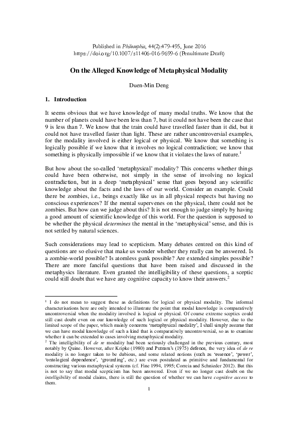 (PDF) On the Alleged Knowledge of Metaphysical Modality