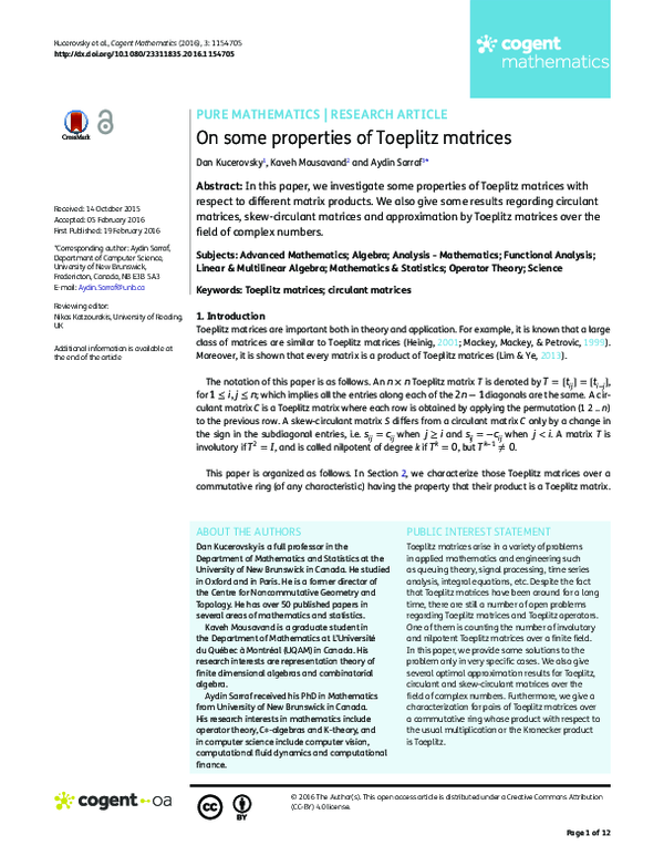 Pdf On Some Properties Of Toeplitz Matrices