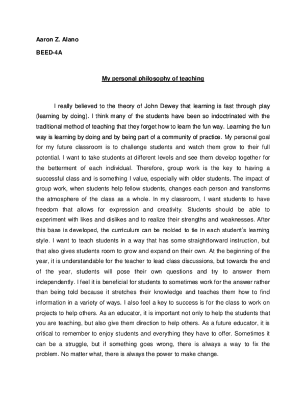 (DOC) Aaron Z. Alano BEED-4A My personal philosophy of teaching