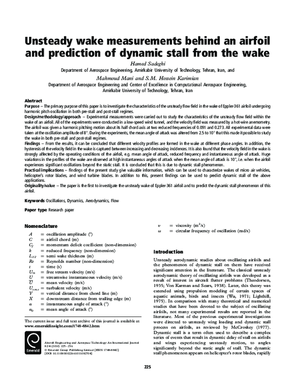 (PDF) Unsteady wake measurements behind an airfoil and prediction of dynamic stall from the wake