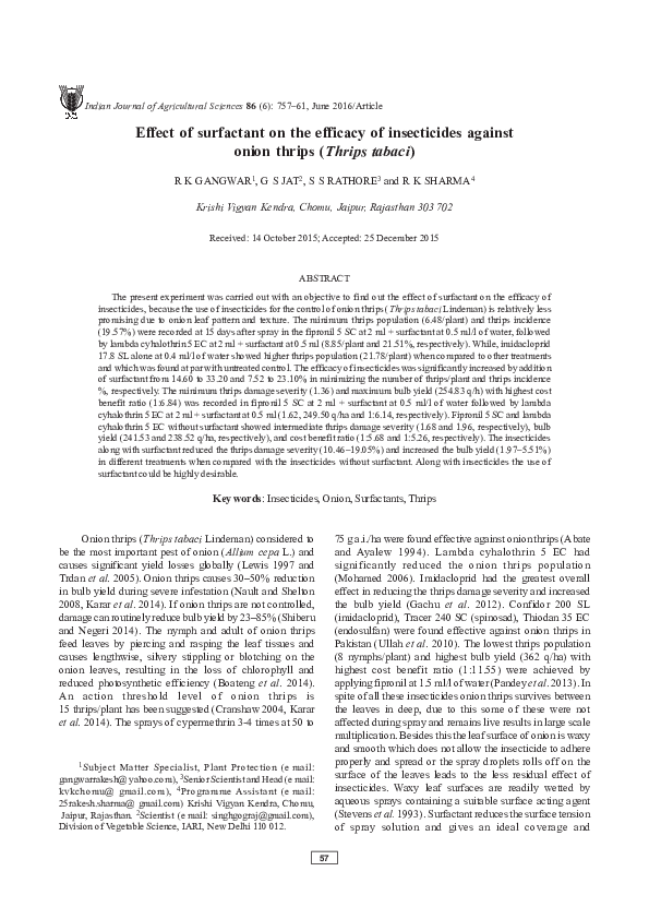 (PDF) Effect of surfactant on the efficacy of insecticides against onion thrips (Thrips tabaci