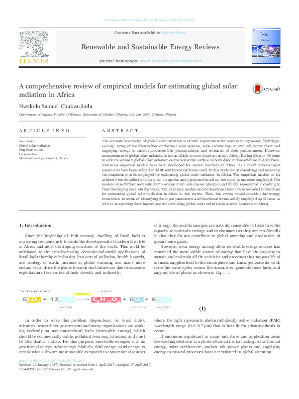Pdf A Comprehensive Review Of Empirical Models For Estimating Global Solar Radiation In Africa