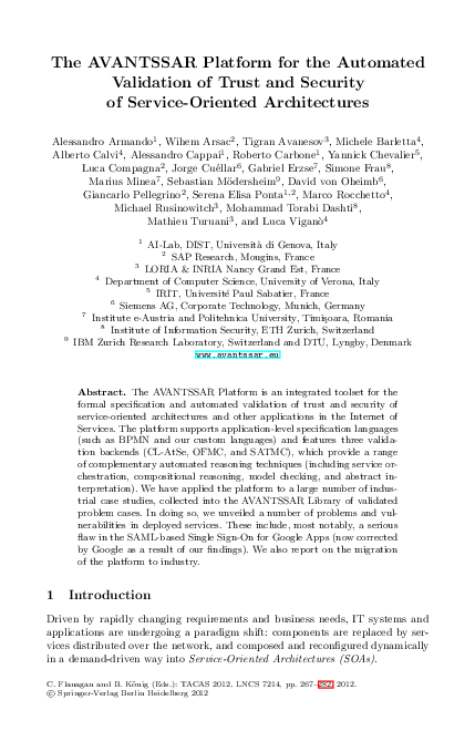 (PDF) The AVANTSSAR platform for the automated validation of trust and security of service ...