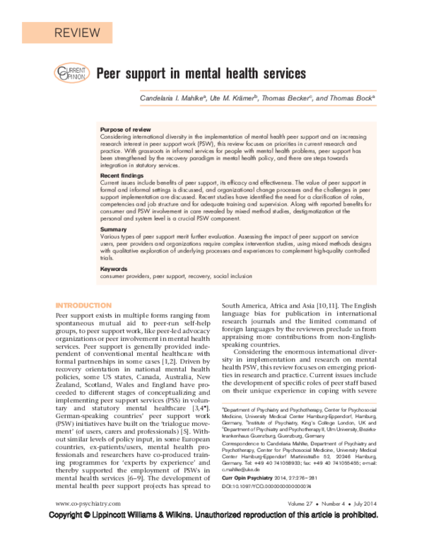 (PDF) Peer support in mental health services (Review)