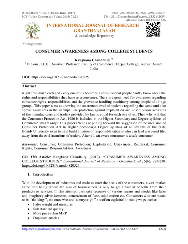 (PDF) CONSUMER AWARENESS AMONG COLLEGE STUDENTS