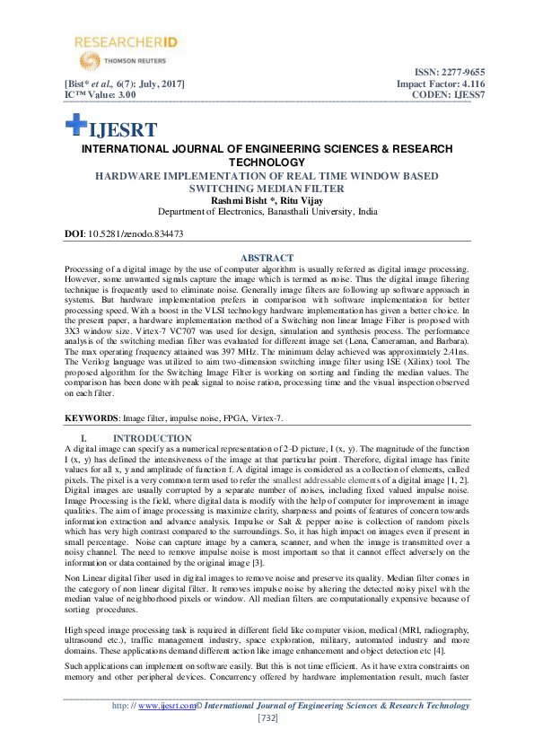 Pdf Hardware Implementation Of Real Time Window Based Switching Median Filter Ijesrt Journal