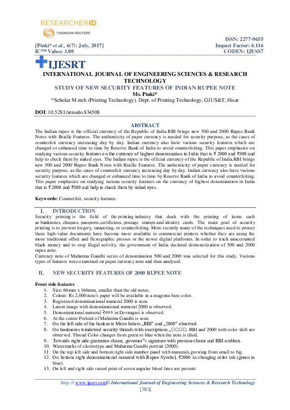 (PDF) STUDY OF NEW SECURITY FEATURES OF INDIAN RUPEE NOTE