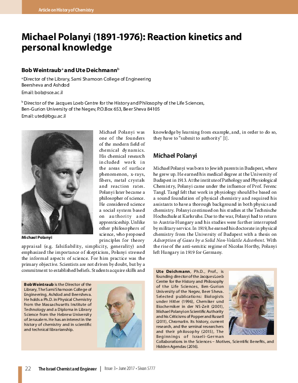(PDF) Michael Polanyi (1891-1976): Reaction kinetics and personal knowledge