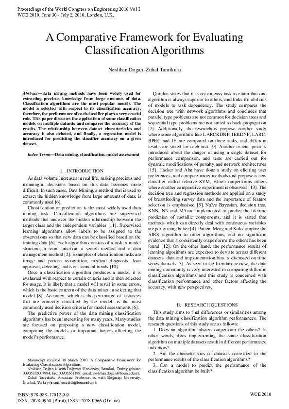 Pdf A Comparative Framework For Evaluating Classification Algorithms