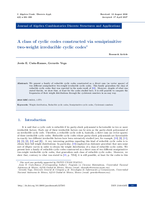 Pdf A Class Of Cyclic Codes Constructed Via Semiprimitive Two Weight Irreducible Cyclic Codes