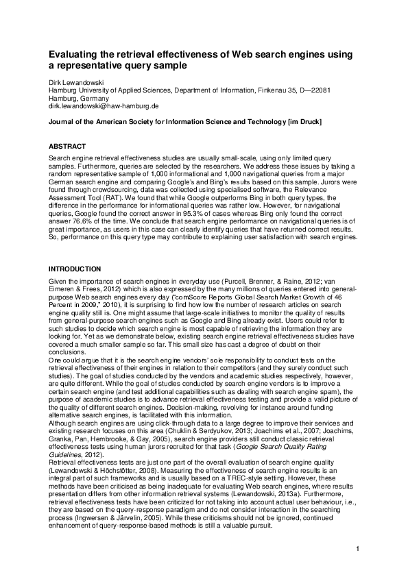 Pdf Evaluating The Retrieval Effectiveness Of Web Search Engines Using A Representative Query