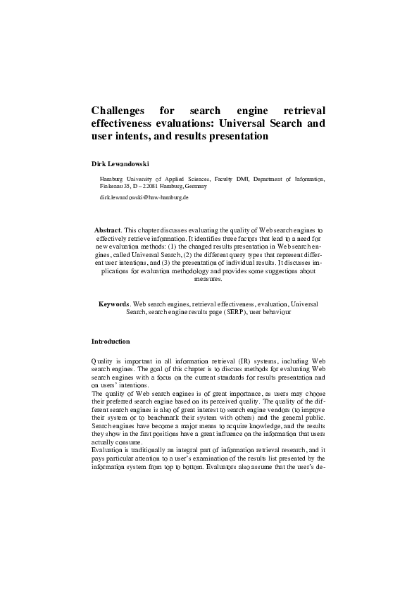 (PDF) Challenges for search engine retrieval effectiveness evaluations: Universal Search and ...