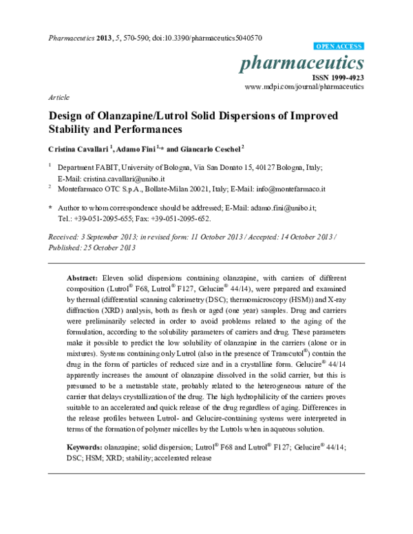 (PDF) Design of Olanzapine/Lutrol Solid Dispersions of Improved ...