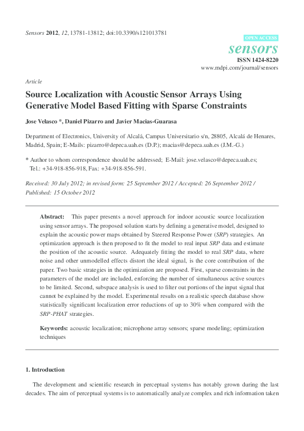 (PDF) Source Localization with Acoustic Sensor Arrays Using Generative Model Based Fitting with ...