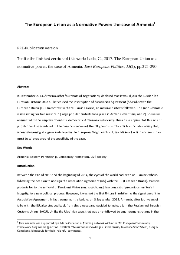 (PDF) The European Union as a normative power: the case of Armenia [East European Politics; 2016]