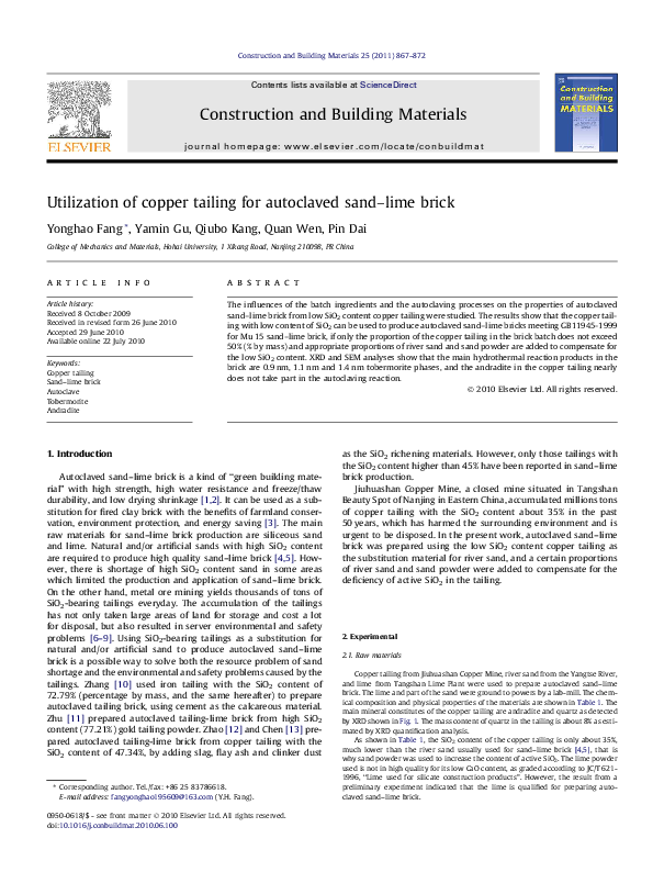 (PDF) Utilization of copper tailing for autoclaved sand–lime brick