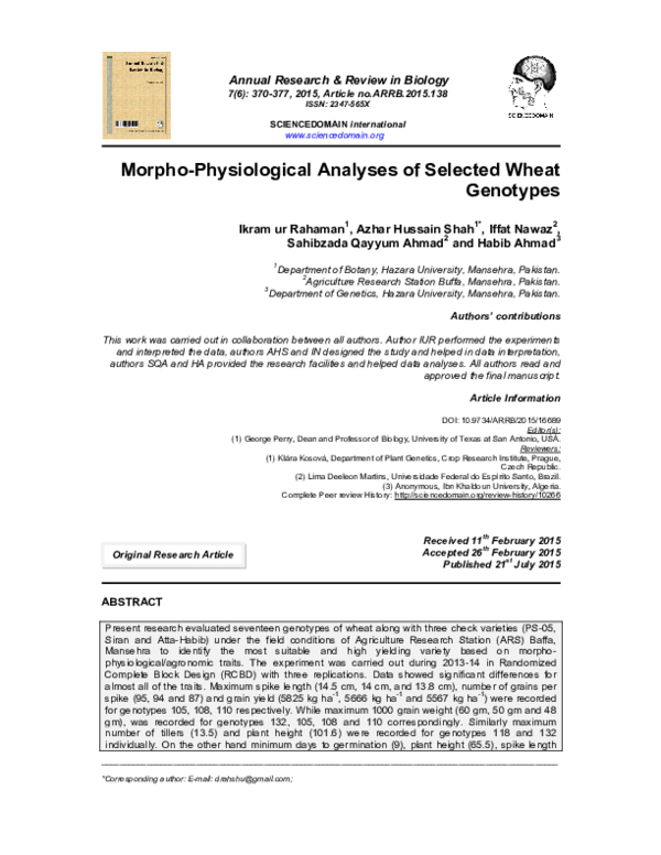 (PDF) Morpho-Physiological Analyses of Selected Wheat Genotypes