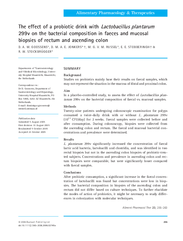 (PDF) The effect of a probiotic drink with Lactobacillus plantarum 299v ...