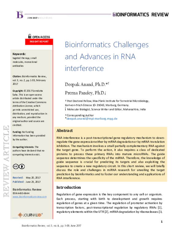 (PDF) Bioinformatics Review Bioinformatics Challenges and Advances in RNA interference