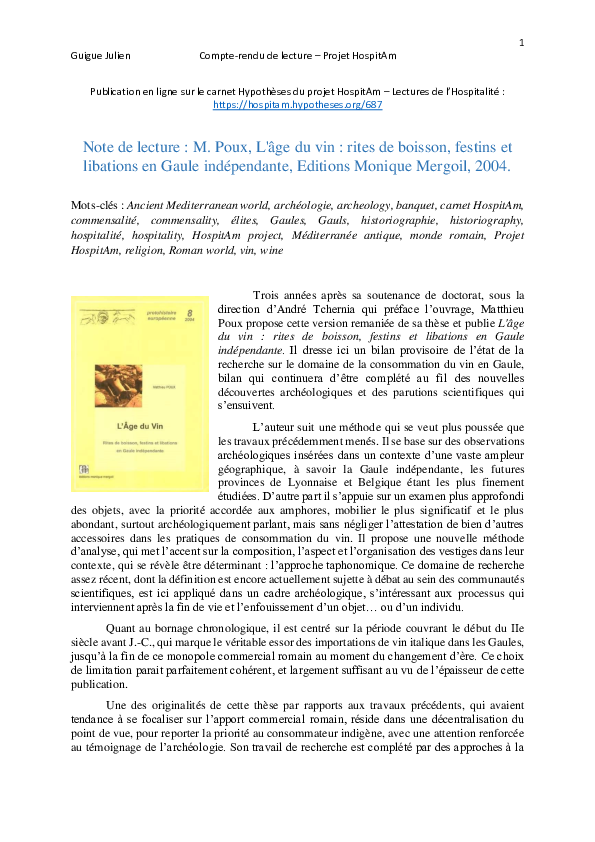 (PDF) Guigue Julien : Compte-Rendu de lecture, L'Âge du vin de Poux ...