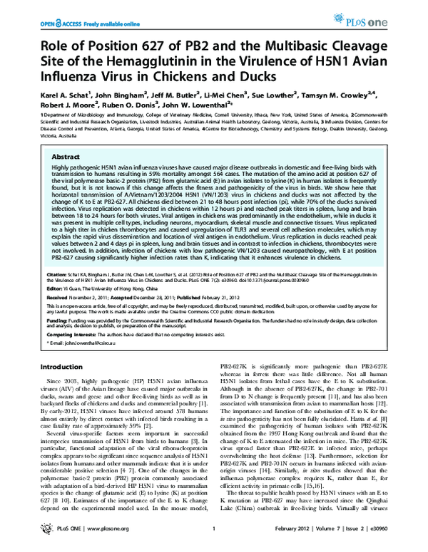(PDF) Role of Position 627 of PB2 and the Multibasic Cleavage Site of the Hemagglutinin in the ...