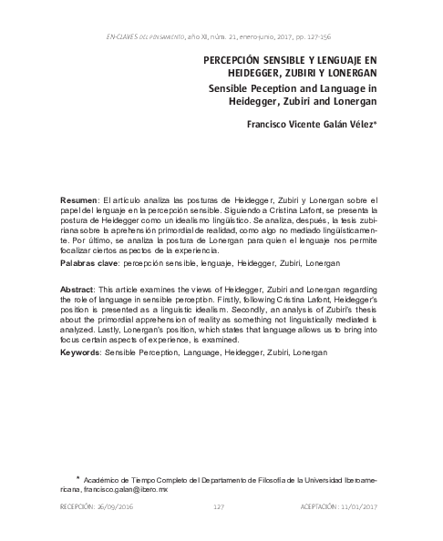 (PDF) PERCEPCIÓN SENSIBLE Y LENGUAJE EN HEIDEGGER, ZUBIRI Y LONERGAN ...
