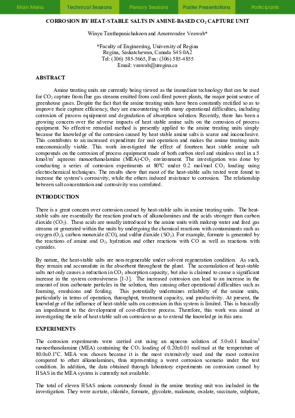 (PDF) CORROSION BY HEAT-STABLE SALTS IN AMINE-BASED CO 2 CAPTURE UNIT