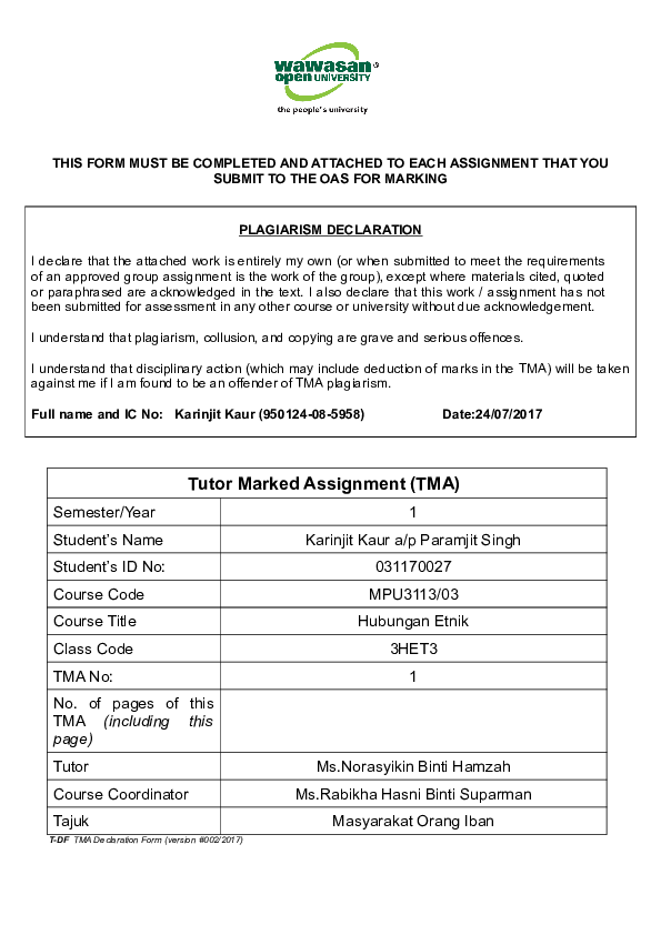 (DOC) THIS FORM MUST BE COMPLETED AND ATTACHED TO EACH ASSIGNMENT THAT ...