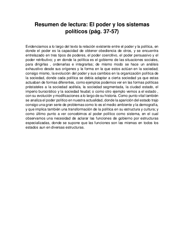 (DOC) Resumen de lectura: el poder y los sistemas políticos.